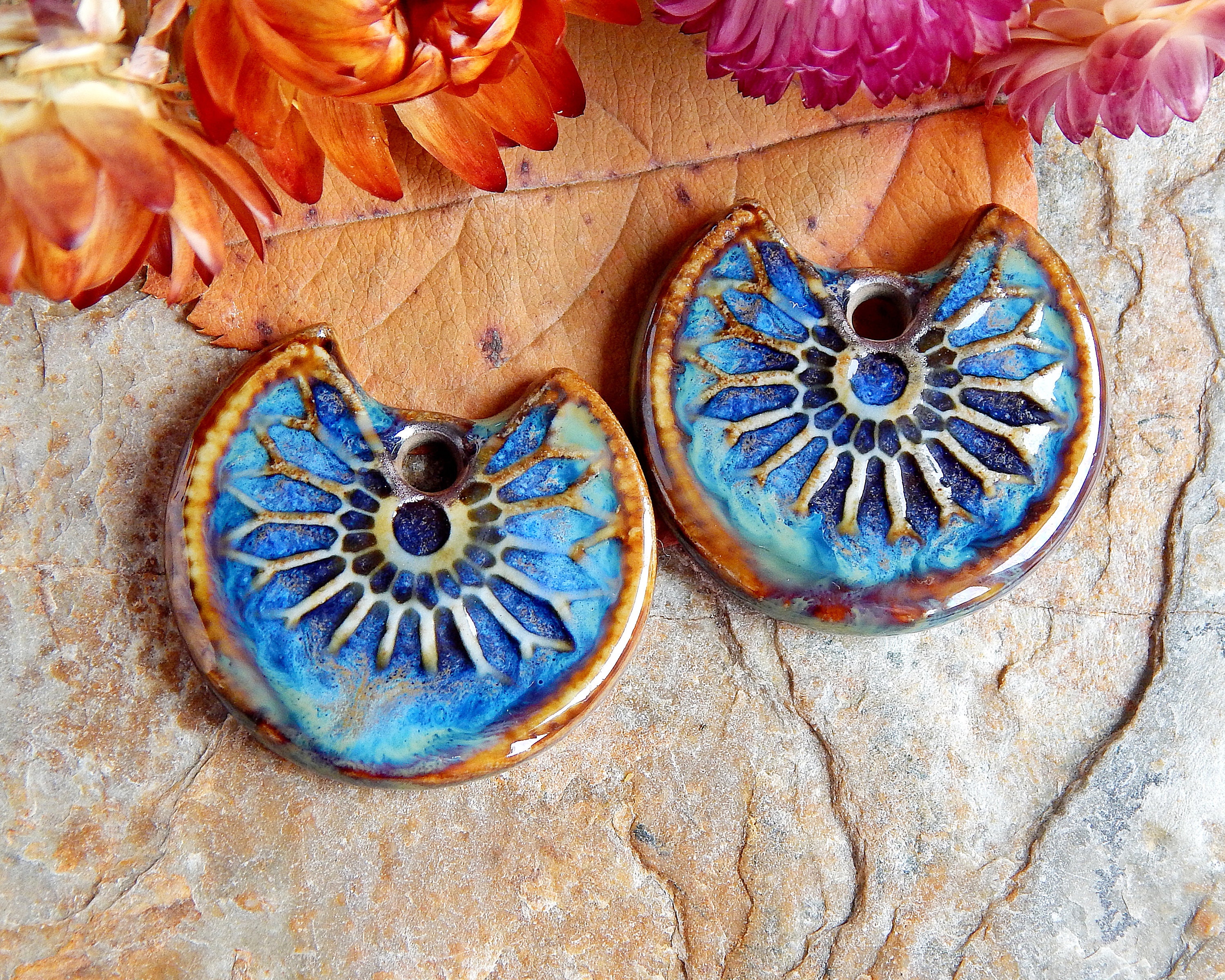 2 Pcs Blue Boho Charms for Jewelry Making Rustic Ceramic - Etsy