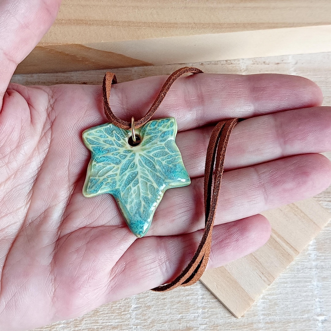 Handmade Ceramic Ivy Leaf Pendant Necklace, Botanical Porcelain Jewelry ...