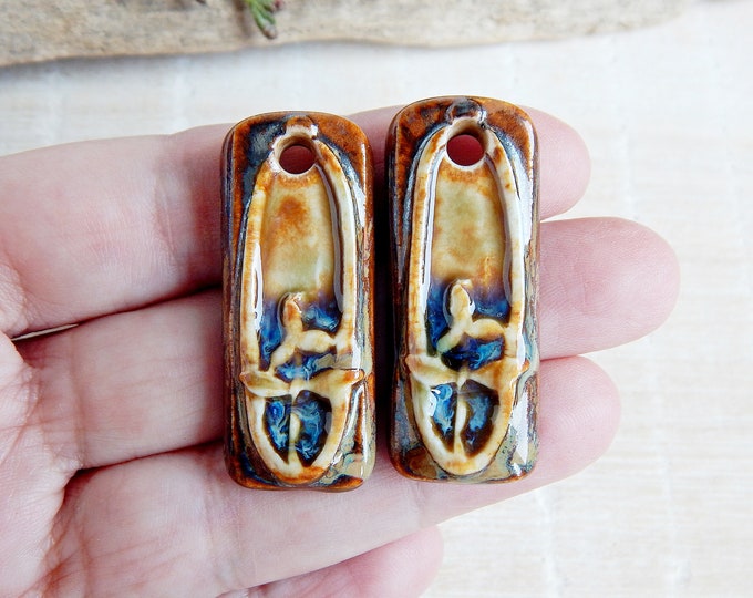 Nature Artisan Charms, Pair Rectangle Ceramic Pendants, Handmade Boho ...