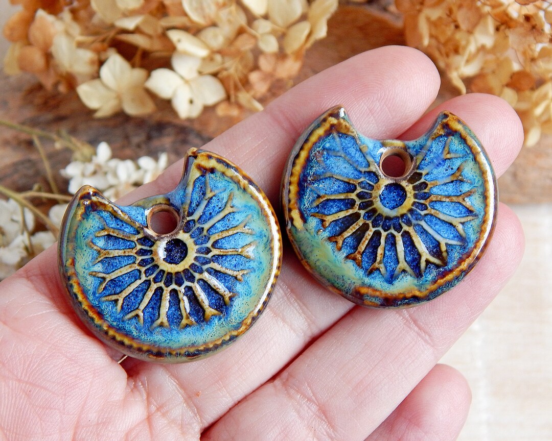 2 Pcs Blue Boho Charms for Jewelry Making, Rustic Ceramic Earring ...