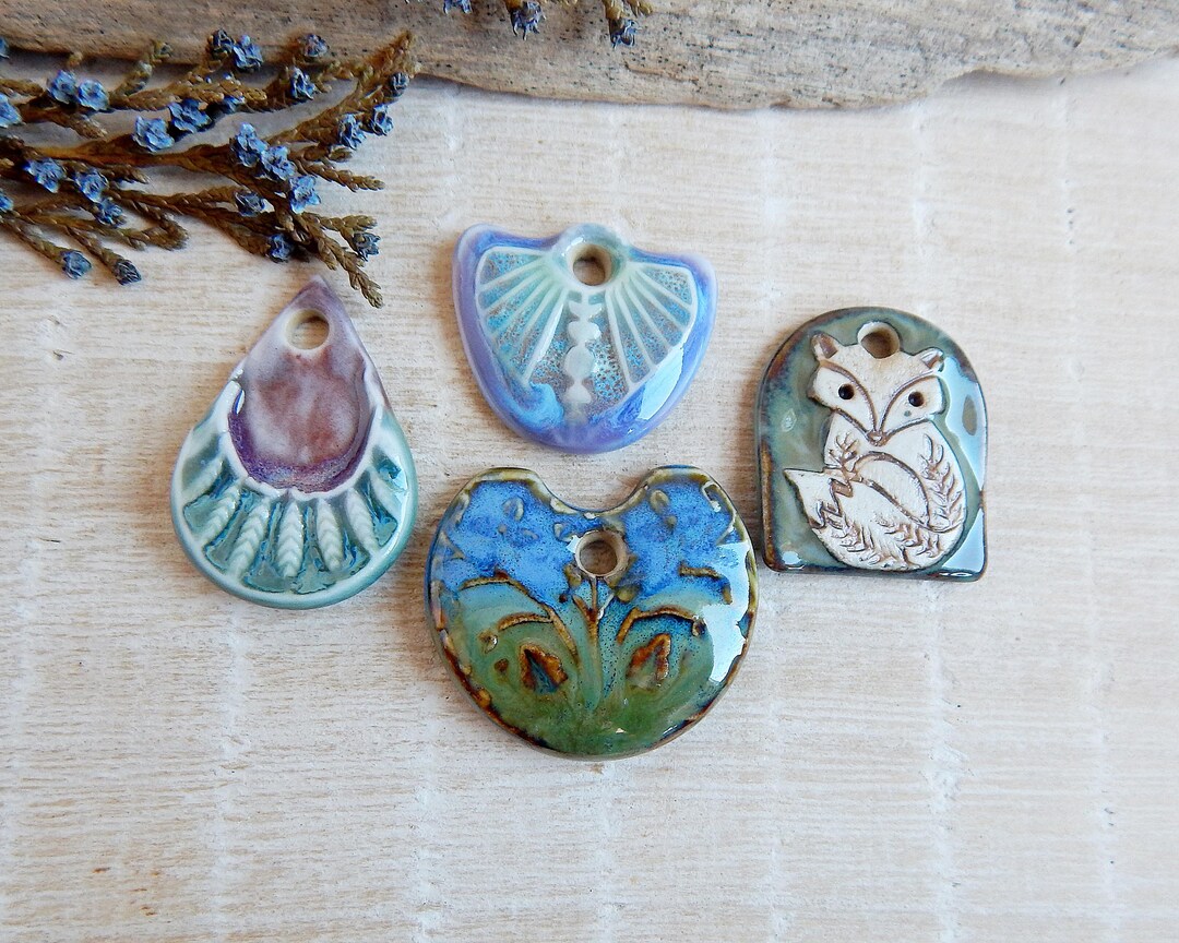 Set Ceramic Pendants, 4 Artisan Pendants of Porcelain, Boho Necklace ...