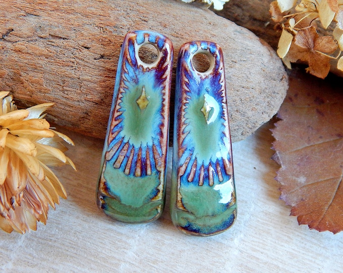 Nature Artisan Charms, Pair Rectangle Ceramic Pendants, Handmade Boho ...