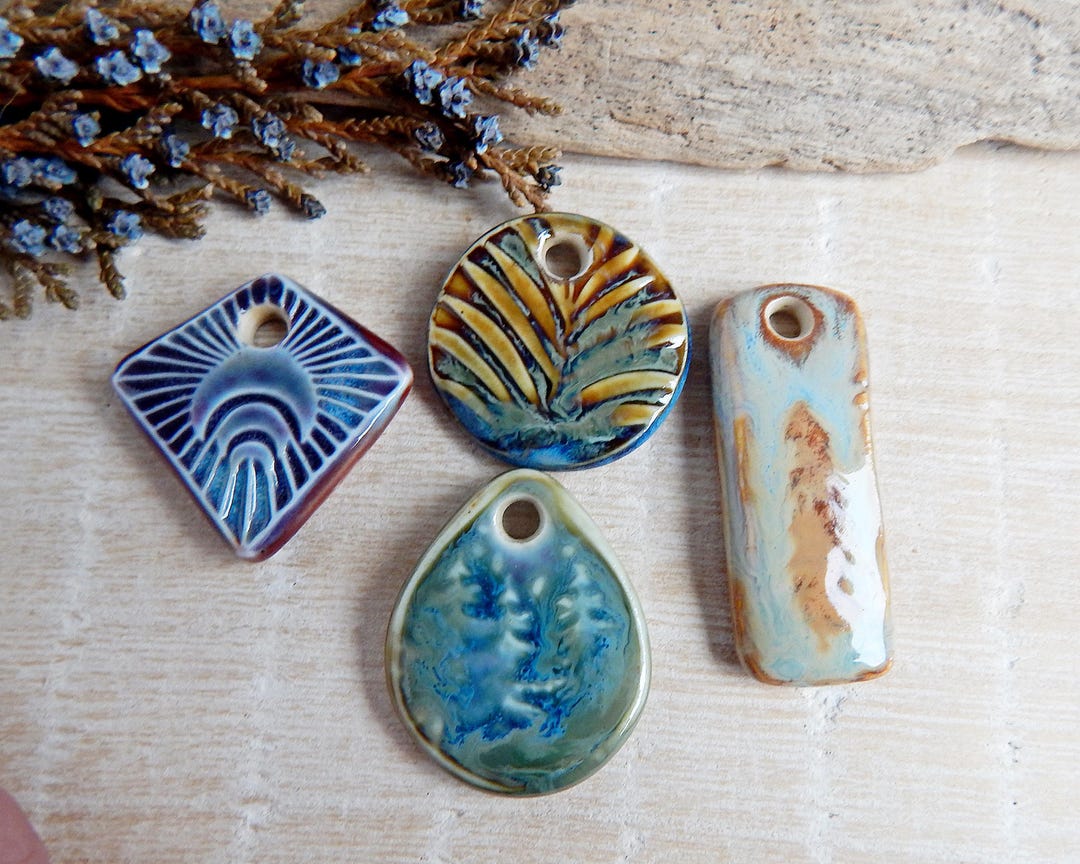 Set Assorted Ceramic Charms, 4 Artisan Pendants of Porcelain, Boho ...