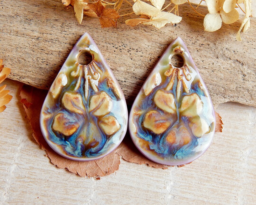 Bohemian Drop Earring Charms, Flowered Ceramic Pendants, Boho Charms ...