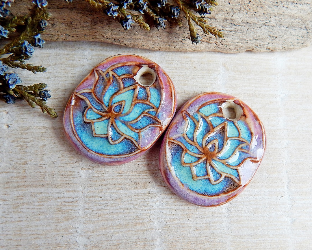 Lotus Flower Ceramic Charms, 2 Pcs Artisan Oval Yoga Pendants ...