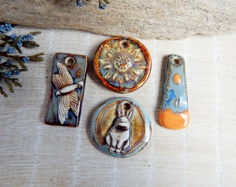 Set of Ceramic Pendants, 4 Artisan Pendants of Porcelain, Boho Necklace ...