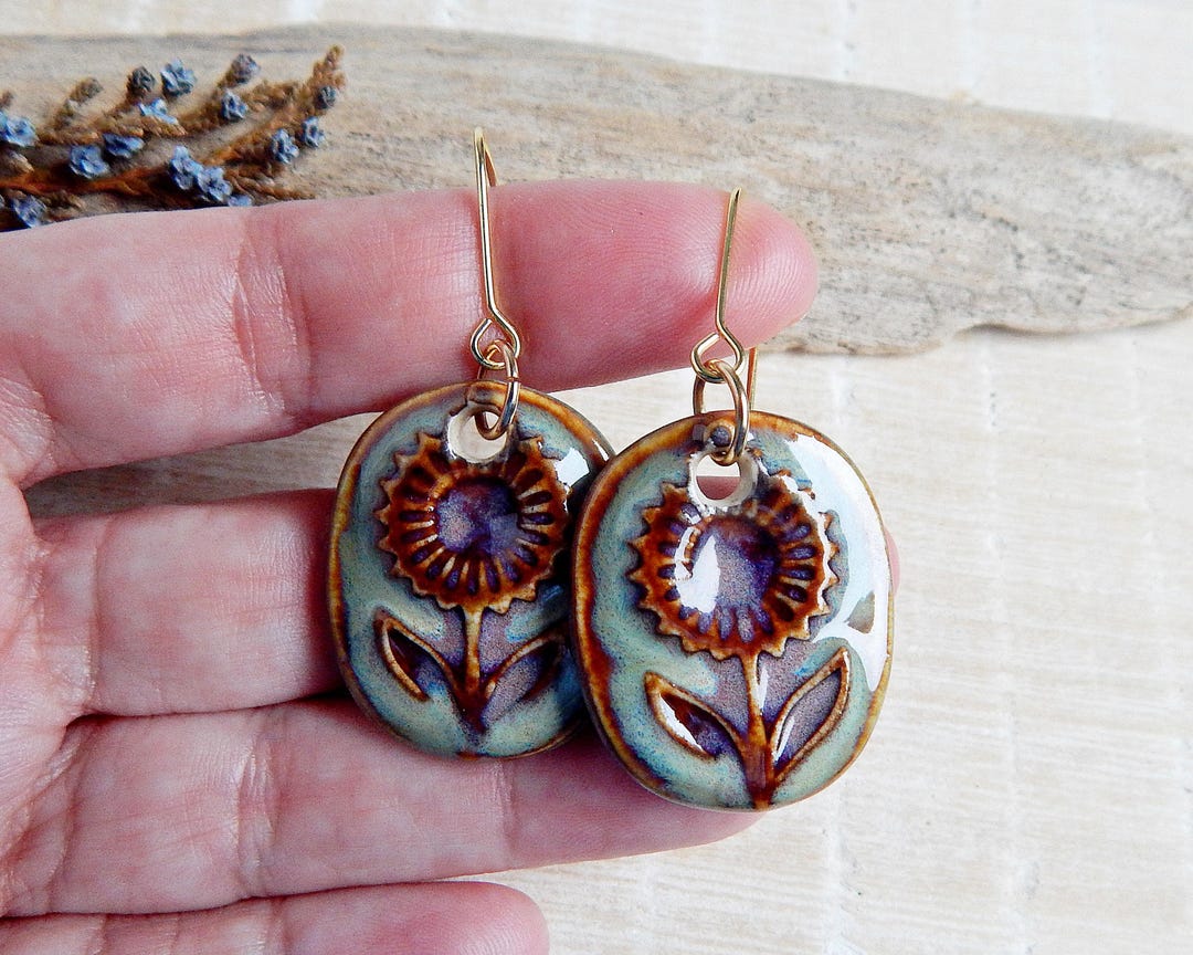 Rustic Earrings With Floral Pattern, Handcrafted Dangle Folk Flower ...