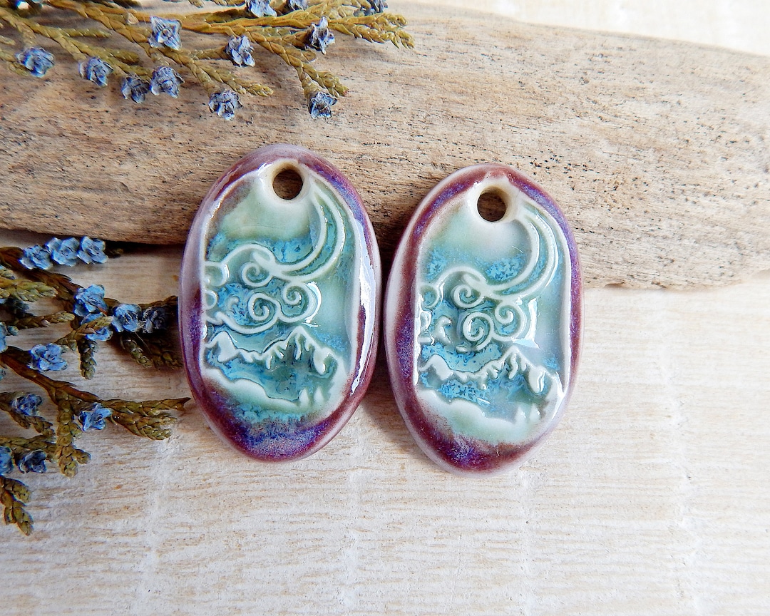Night Landscape Ceramic Charms, 2pcs Handmade Oval Ceramic Pendants ...