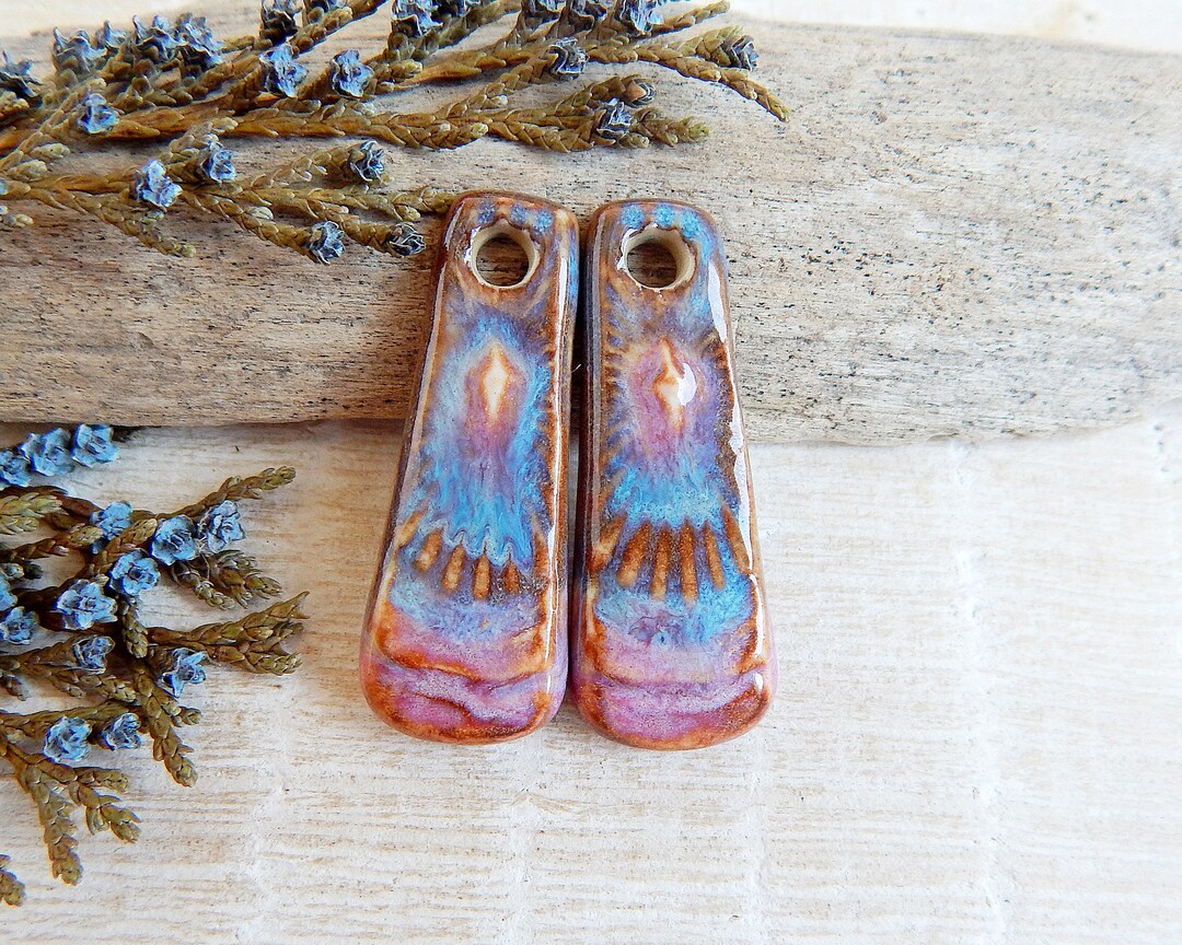 Striped Long Artisan Charms of Ceramic, 2pcs Handmade Rectangular ...