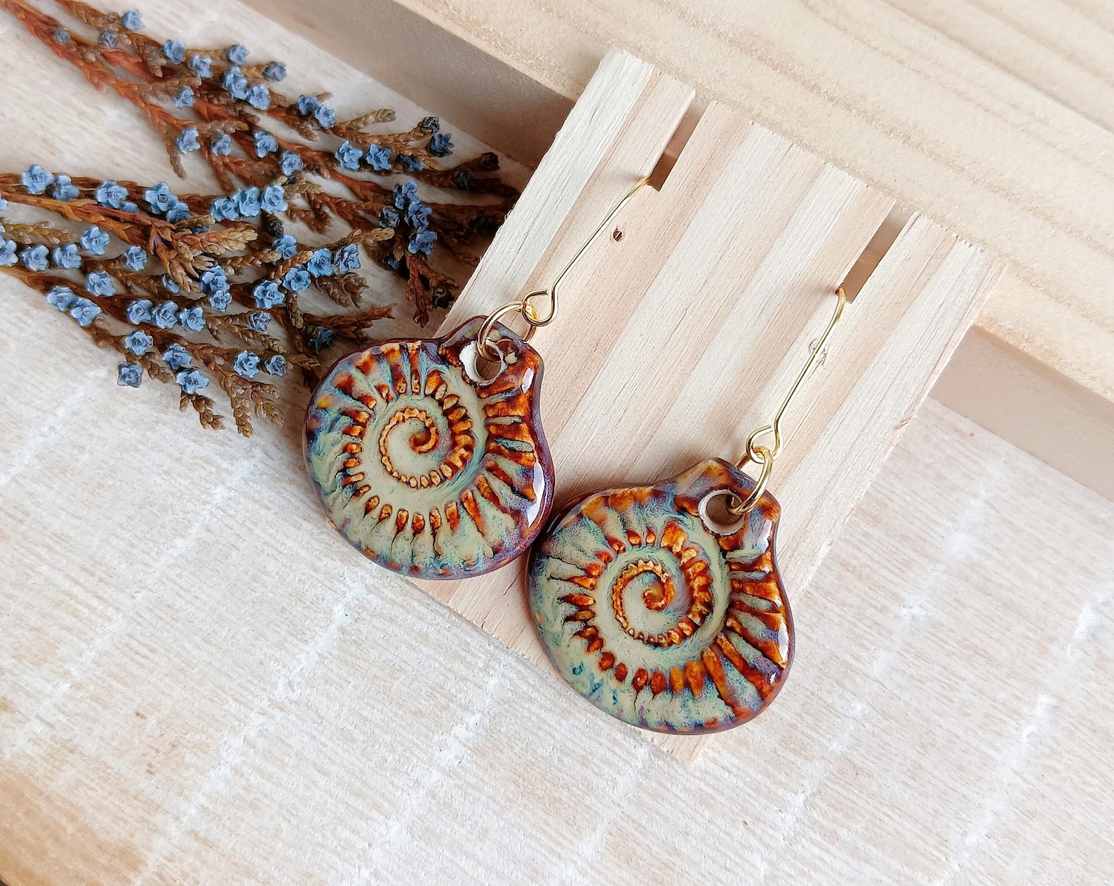 Nautilus Shell Artisan Long Earrings, Sea Shell Ceramic Boho Dangle ...
