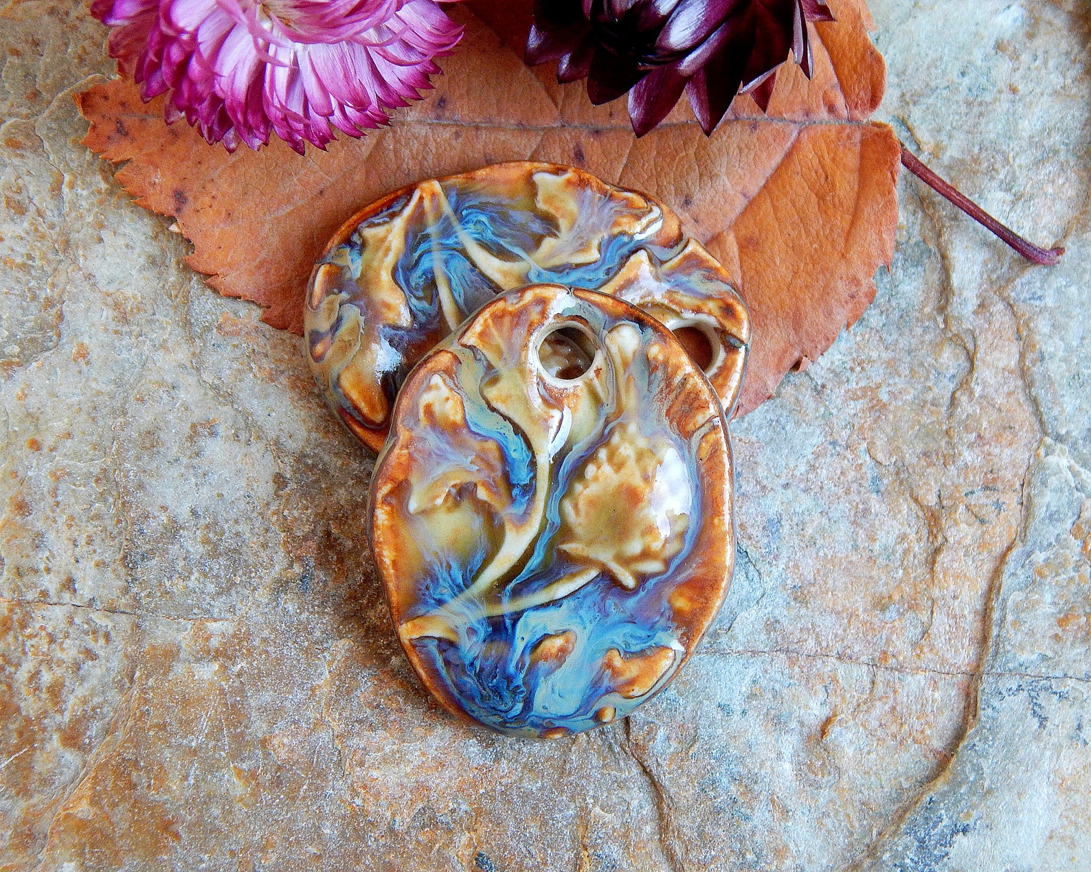 Earthy Ceramic Charms Artisan Flower Pendants Pair of Rustic - Etsy