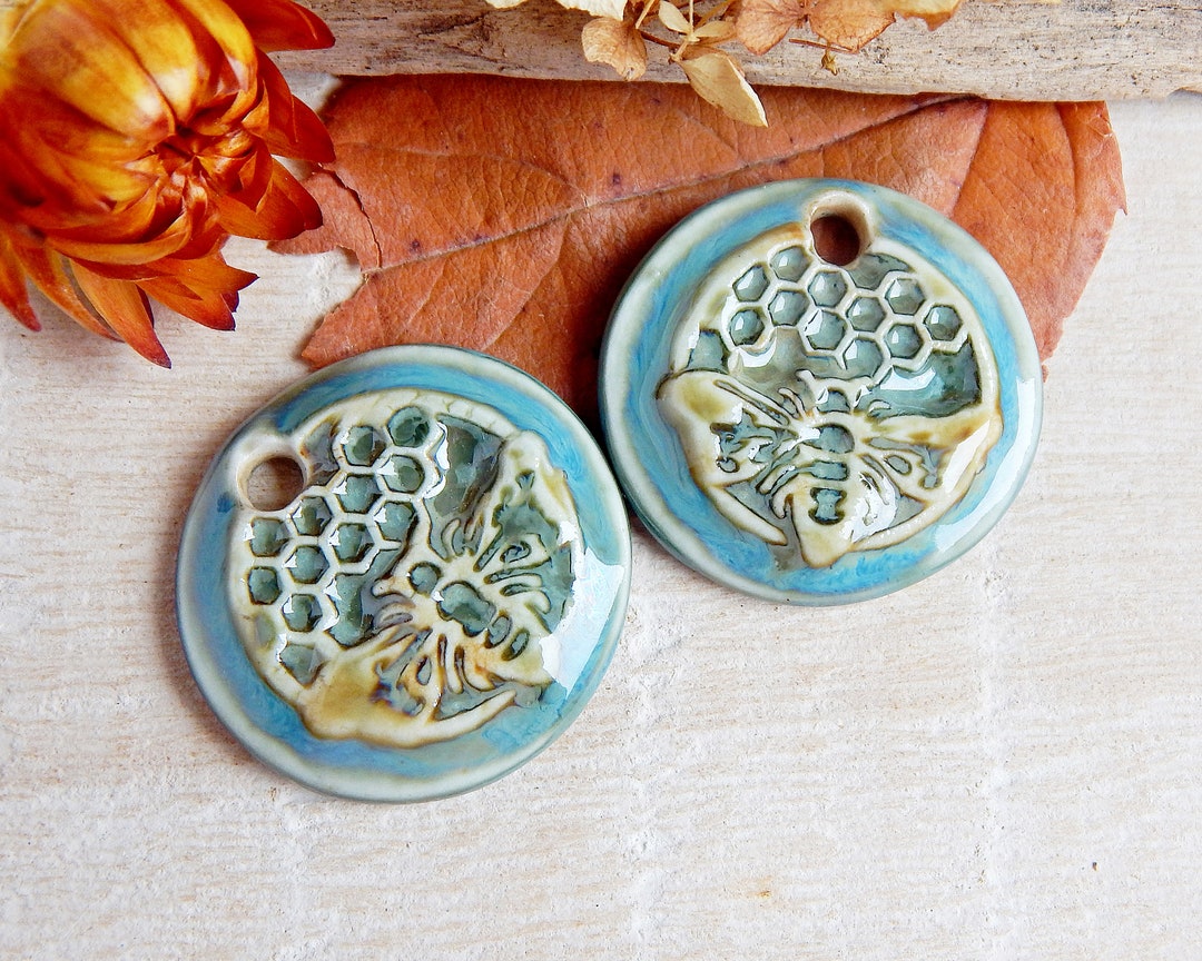 Honeycomb Round Earring Charms, 2 Honey Bee Artisan Ceramic Jewelry ...