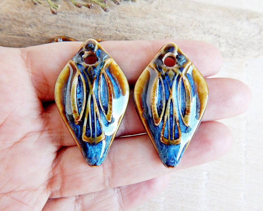 Large Blue Ceramic Charms, Handmade Drop Pendants for Making Jewelry ...