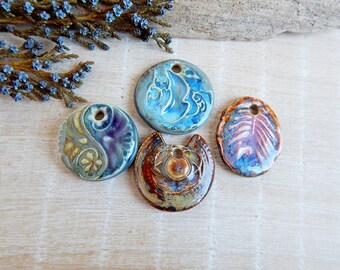 Set of Ceramic Pendants, 4 Artisan Pendants of Porcelain, Boho Necklace ...