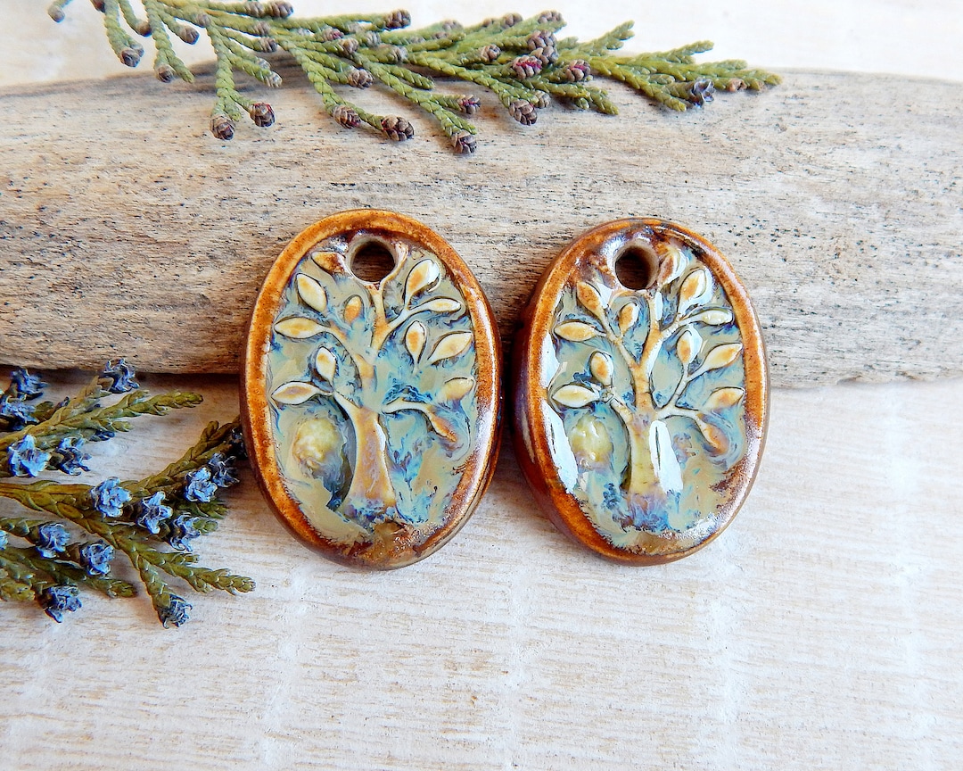 Tree of Life Ceramic Charms, Artisan Nature Pendants, Pair of Oval ...