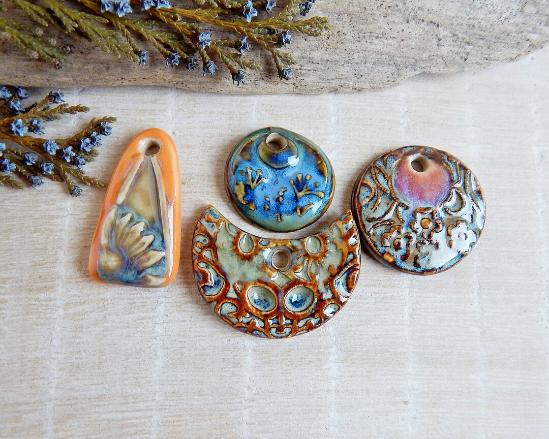 Set Bulk Ceramic Pendants, 4 Artisan Pendants Porcelain, Bohemian ...