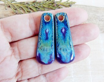 Nature Artisan Charms, Pair Rectangle Ceramic Pendants, Handmade Boho ...