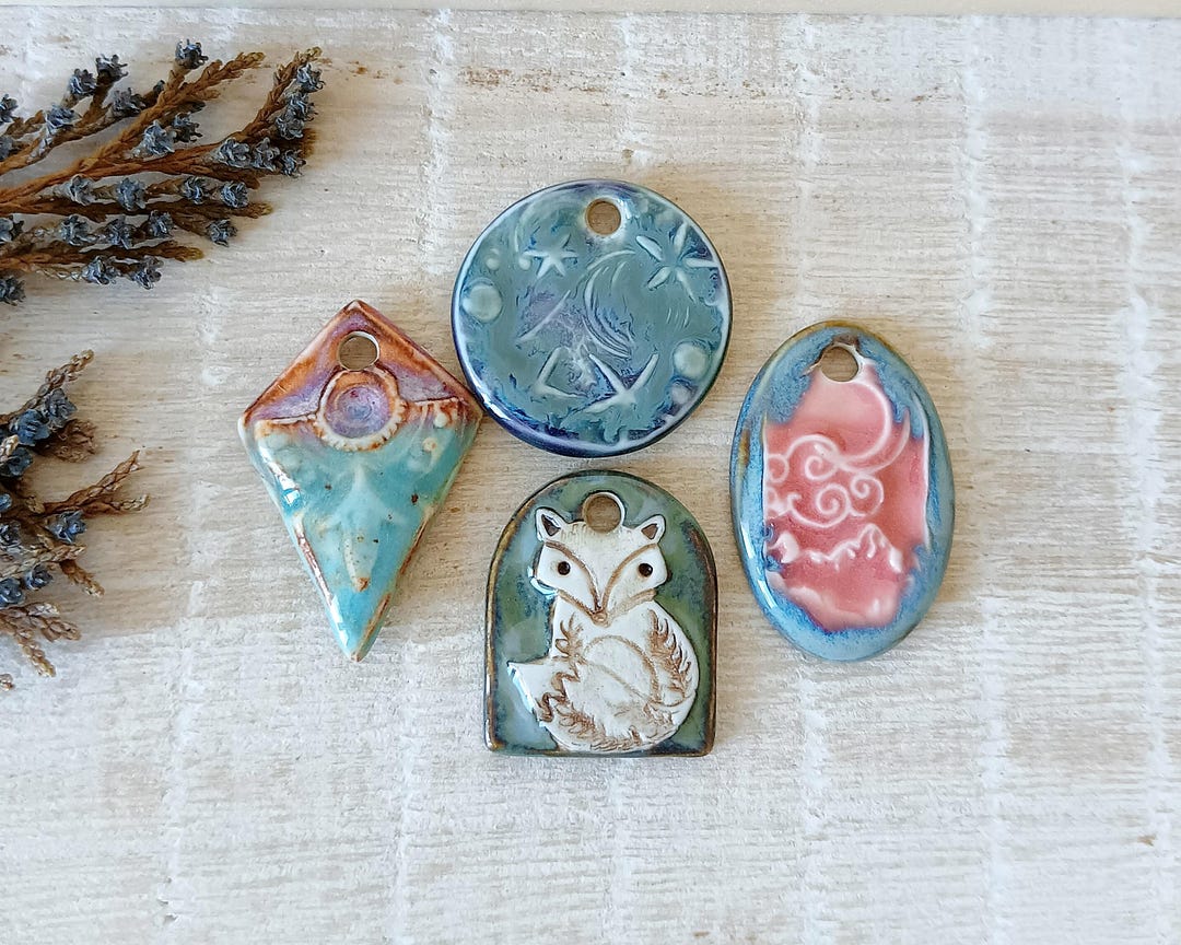 Set of Ceramic Pendants, 4 Artisan Pendants of Porcelain, Boho Necklace ...