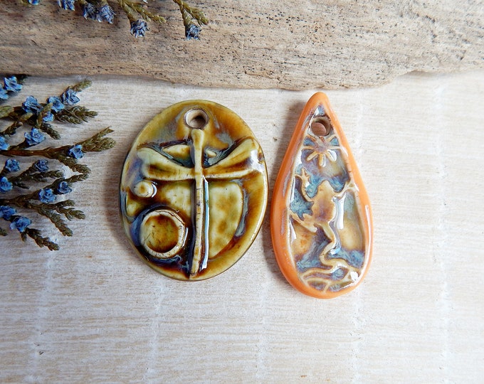 Set of Ceramic Pendants, 4 Artisan Pendants of Porcelain, Boho Necklace ...