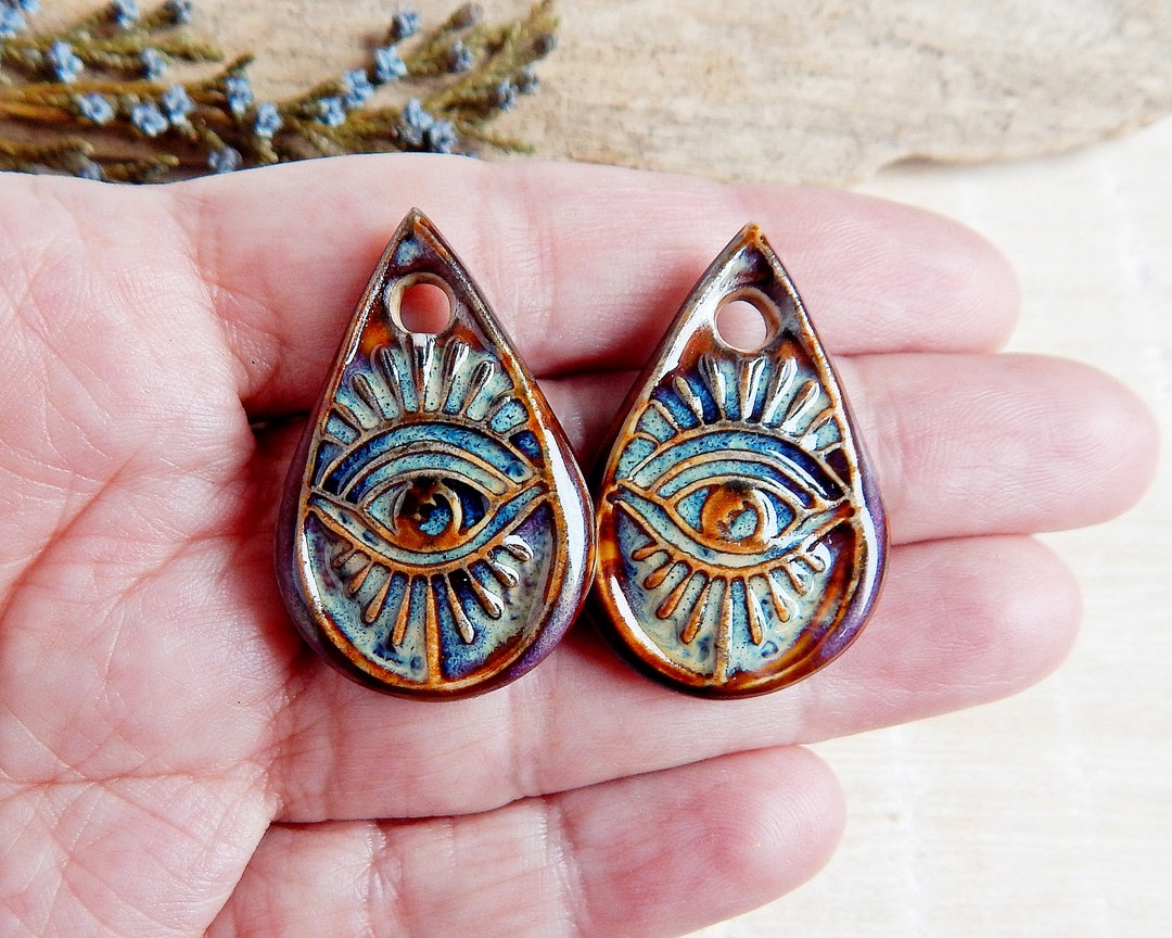 Artisan Teardrop Evil Eye Charms, 2pcs All Seeing Eye Ceramic Handmade ...