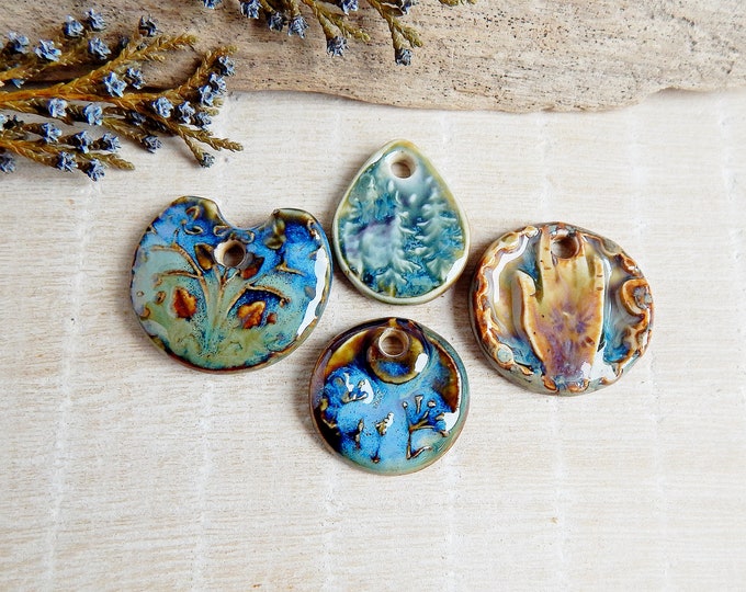Set of Ceramic Pendants, 4 Artisan Pendants of Porcelain, Boho Necklace ...