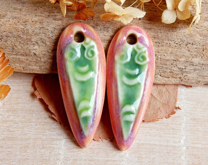 Nature Artisan Charms, Pair Rectangle Ceramic Pendants, Handmade Boho ...