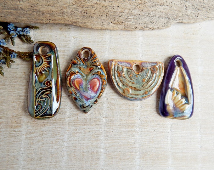 Set of Ceramic Pendants, 4 Artisan Pendants of Porcelain, Boho Necklace ...