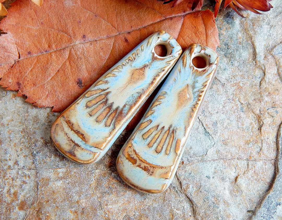 Rustic Artisan Charms, Rectangle Ceramic Charms, Pair Handmade Boho ...