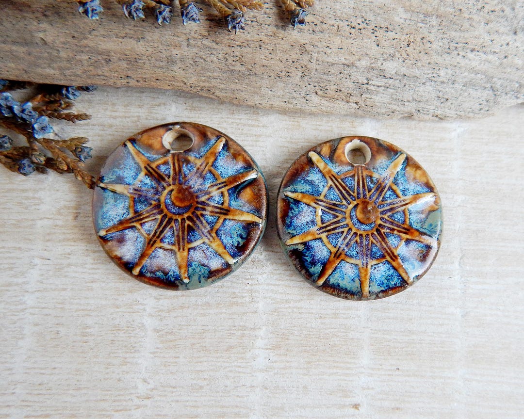 Sun Rays Round Artisan Charms, 2pcs Rustic Celestial Pendants of Ceramic, Handmade Moon Findings ...