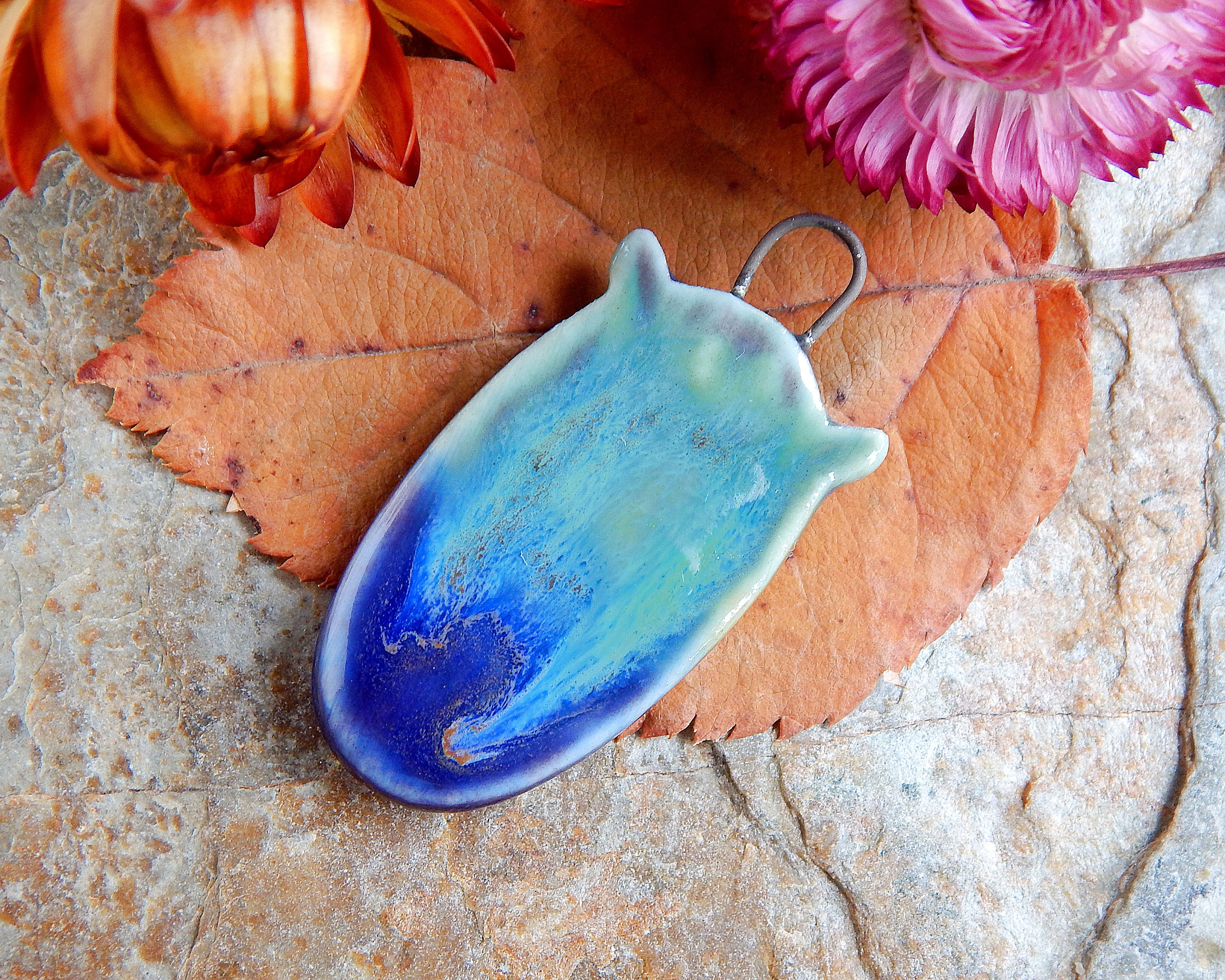 Blue Ceramic Pendant Owl Rustic Jewelry Components Colorful - Etsy