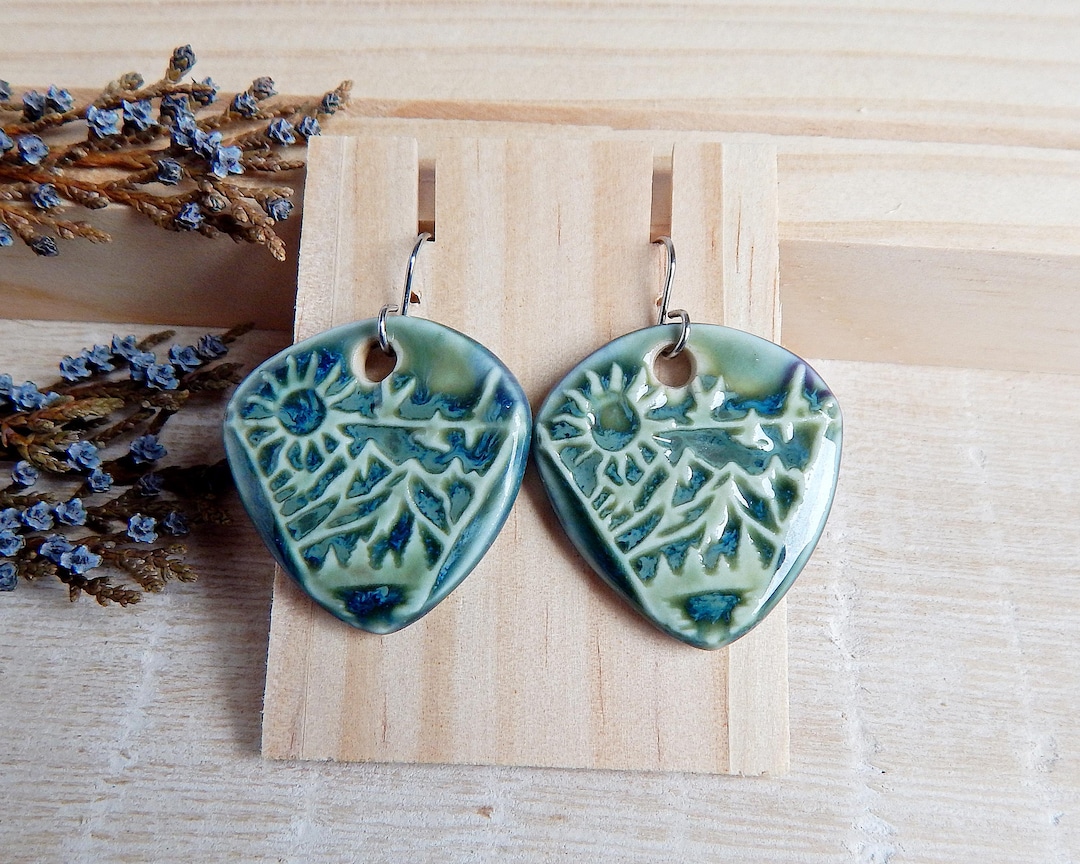 Ceramic Earrings With Mountain Landscape, Artisan Dangle Boho Earrings ...