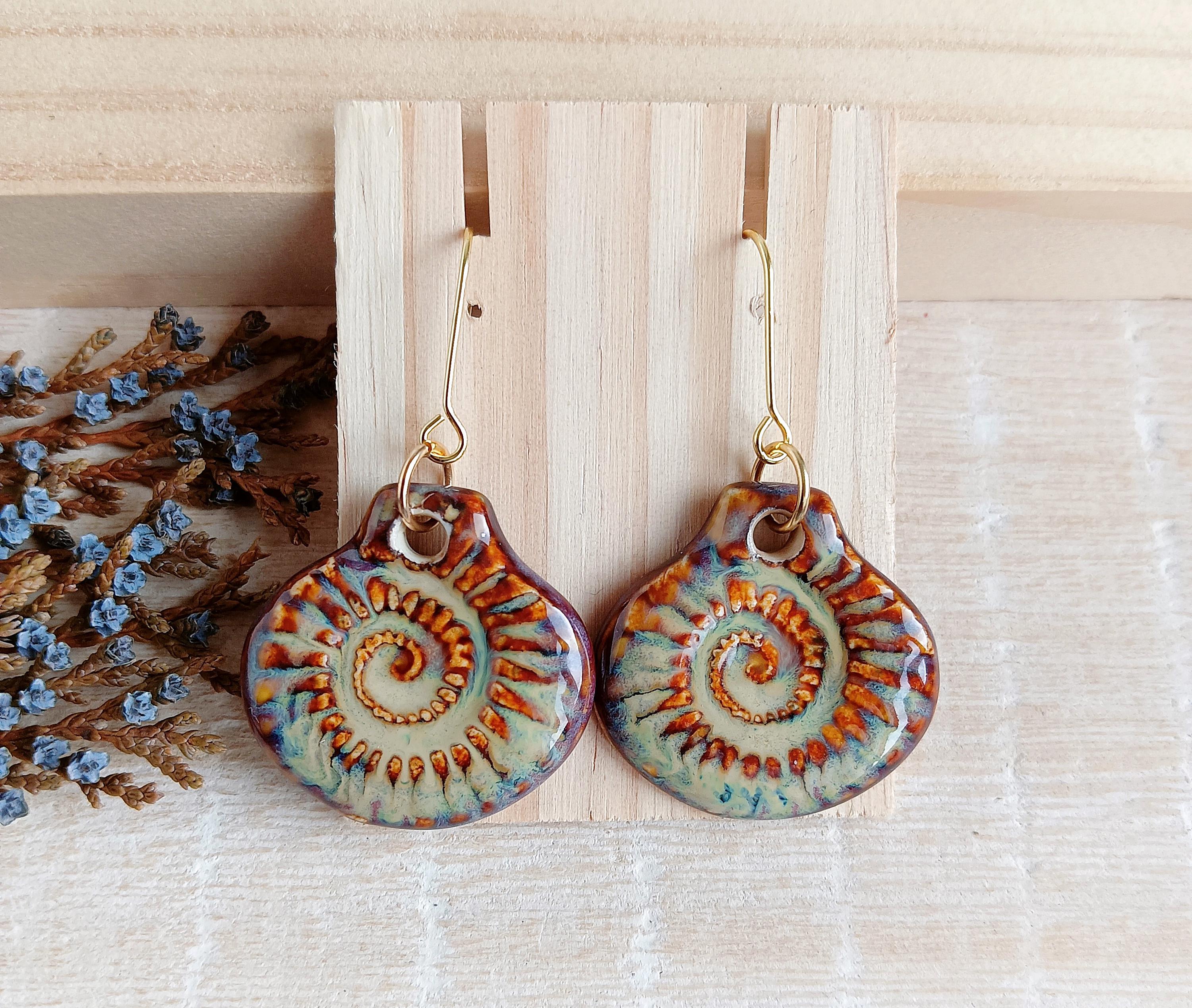 Nautilus Shell Artisan Long Earrings, Sea Shell Ceramic Boho Dangle ...