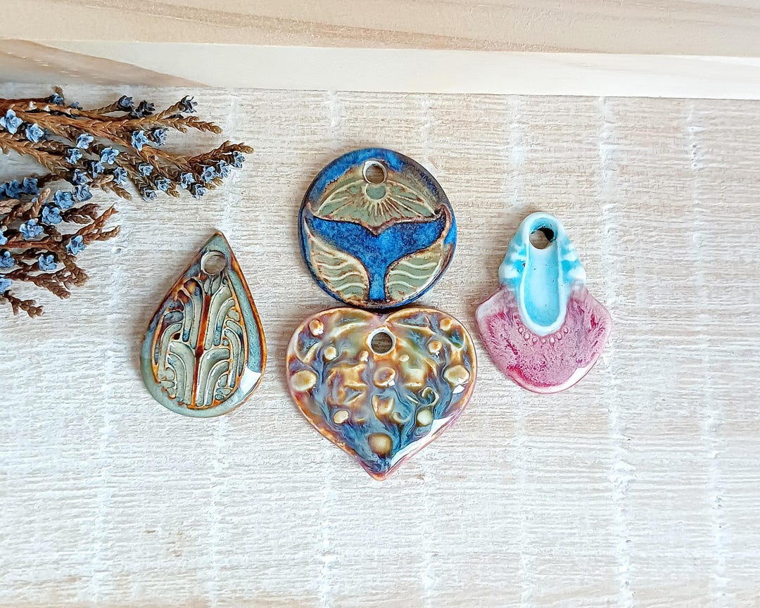 Set Assorted Ceramic Charms, 4 Artisan Pendants of Porcelain, Boho ...
