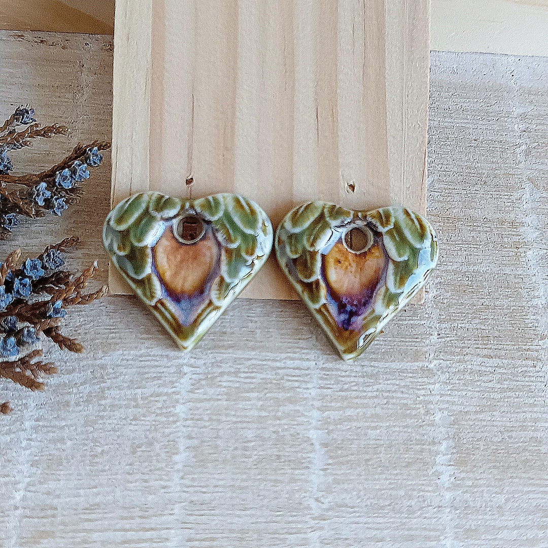 Handmade Porcelain Heart Charms, Feather Pattern Glazed Ceramic Beads ...