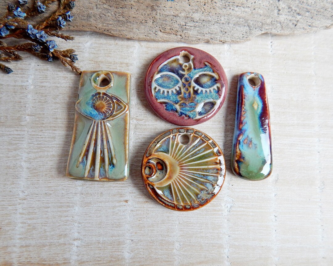 Set of Ceramic Pendants, 4 Artisan Pendants of Porcelain, Boho Necklace ...