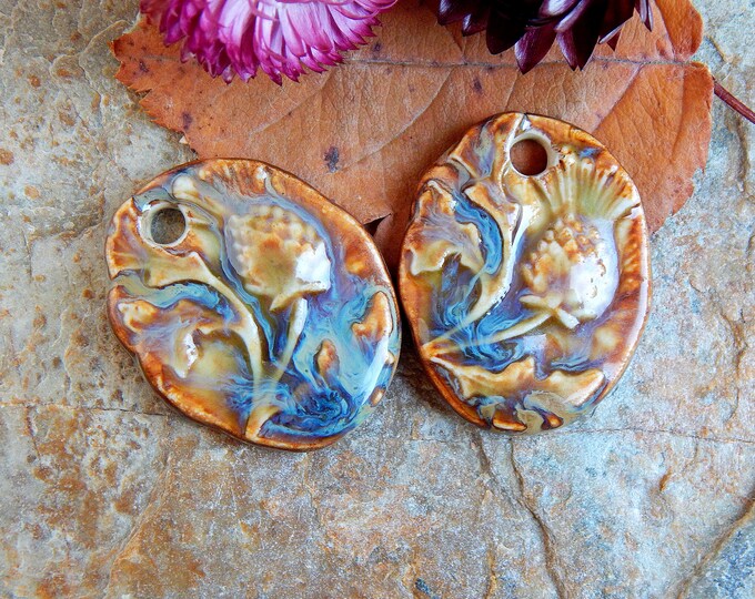 Earthy Ceramic Charms Artisan Flower Pendants Pair of Rustic | Etsy