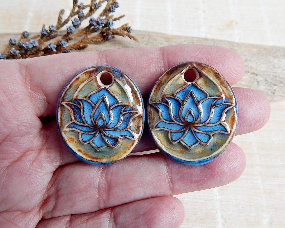 Lotus Flower Artisan Charms, 2 Pcs Ceramic Oval Yoga Pendants, Handmade Zen Components for ...