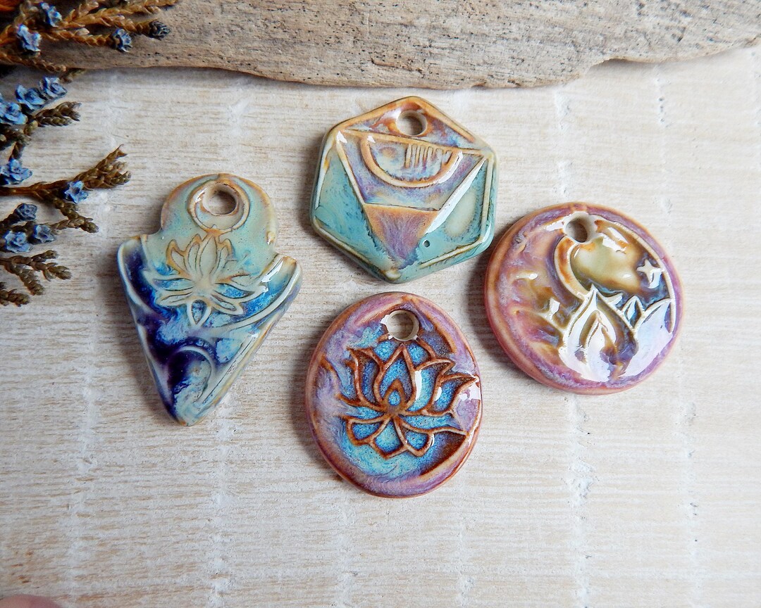 Set of Ceramic Pendants, 4 Artisan Pendants of Porcelain, Boho Necklace ...