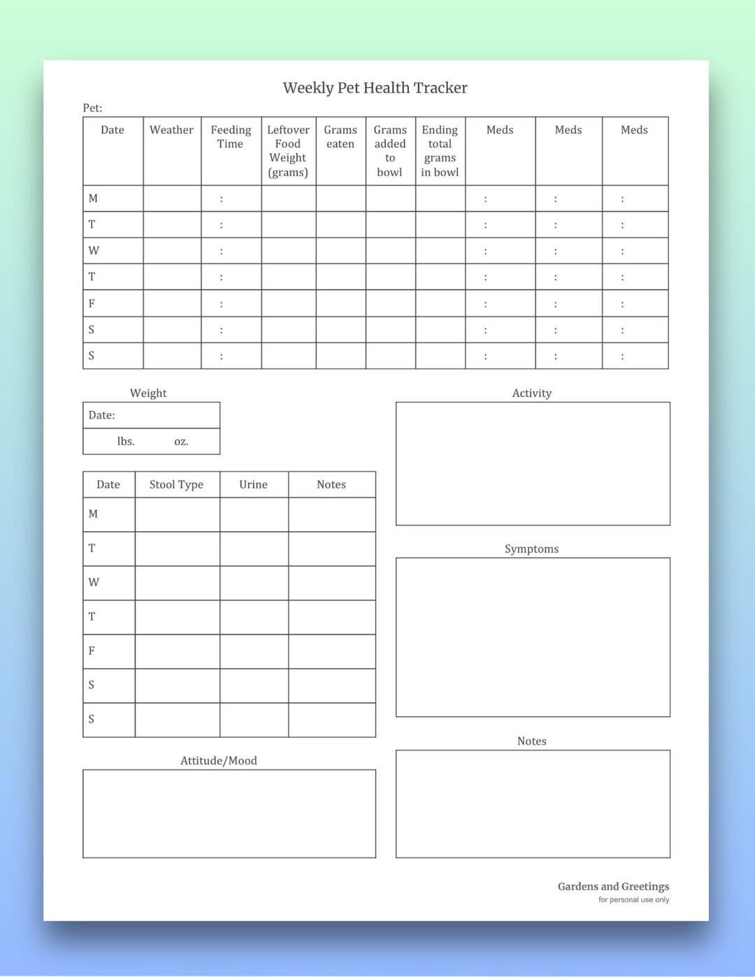 Printable Weekly Pet Health Tracker | Symptom, Food, & Weight Journal ...