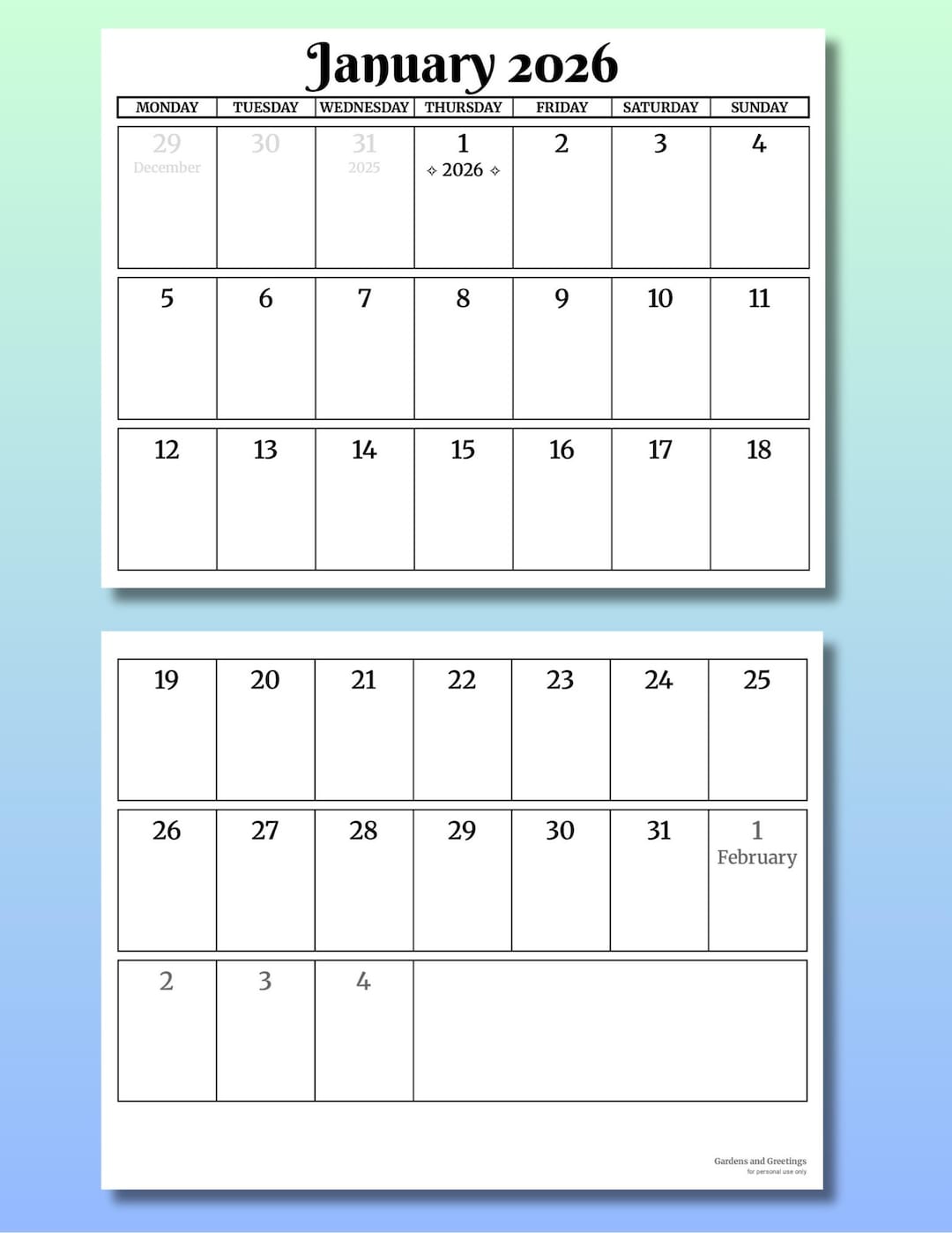 2026 Printable Month on Two Pages Large Print Calendar, Minimalist ...