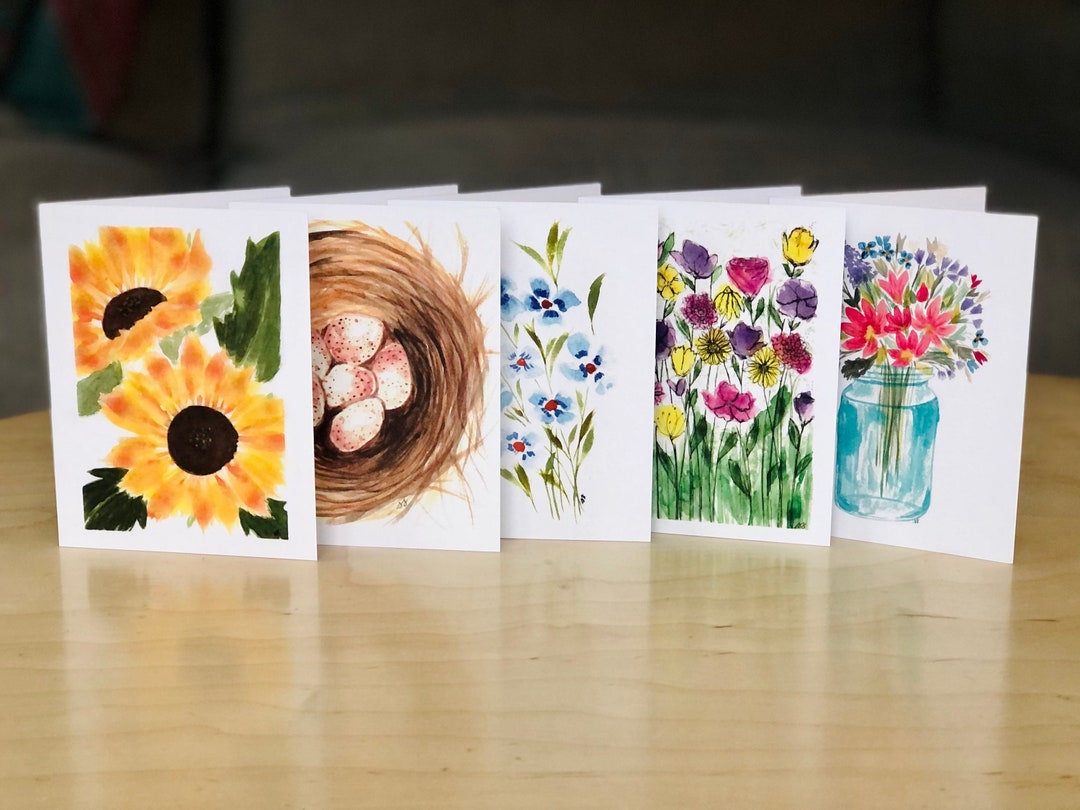 Set of 5 Watercolor Cards, Printed - Etsy