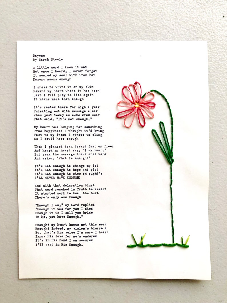 Original Poem With Hand Stitched Flowers: Dayenu 8x10 - Etsy