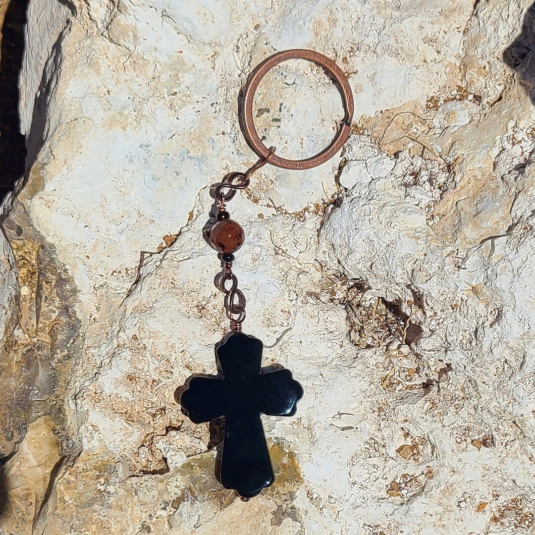 Black Agate Cross Keychain, Orthodox Style Cross Key Ring, Religious ...