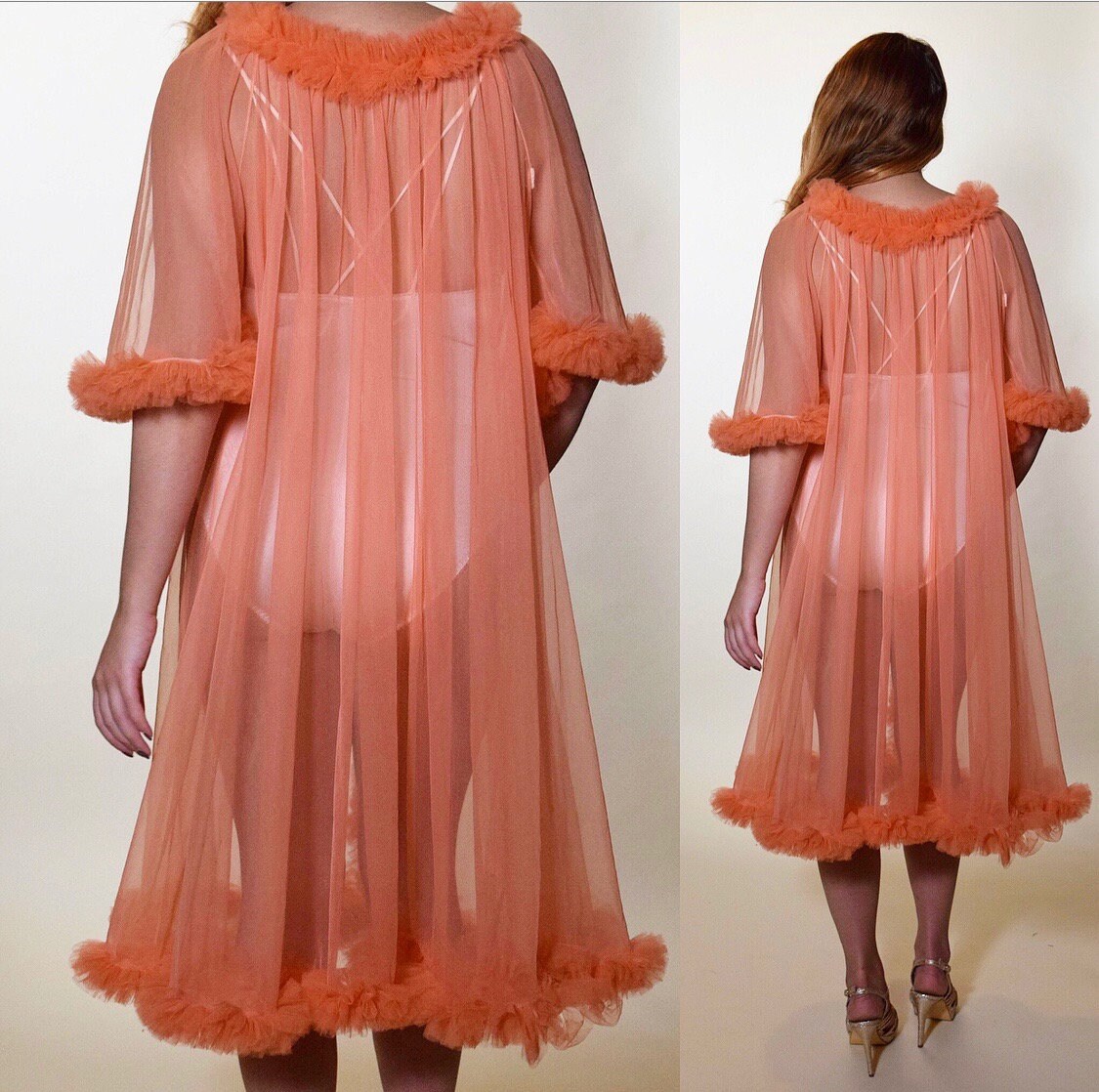 1960s RARE old Hollywood glam peach pink ruffle peignoir sheer robe ...