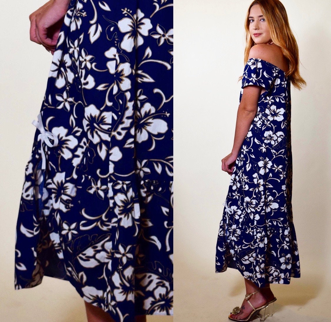 Vintage Hilo Hattie Blue White Hawaiian Print Off The Shoulder Kaftan
