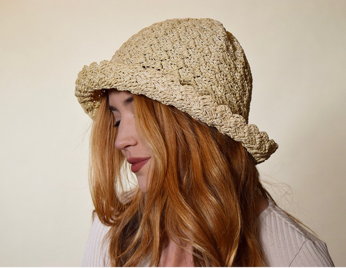 RARE vintage beige brown straw ruffle bucket hat women's One Size fits most