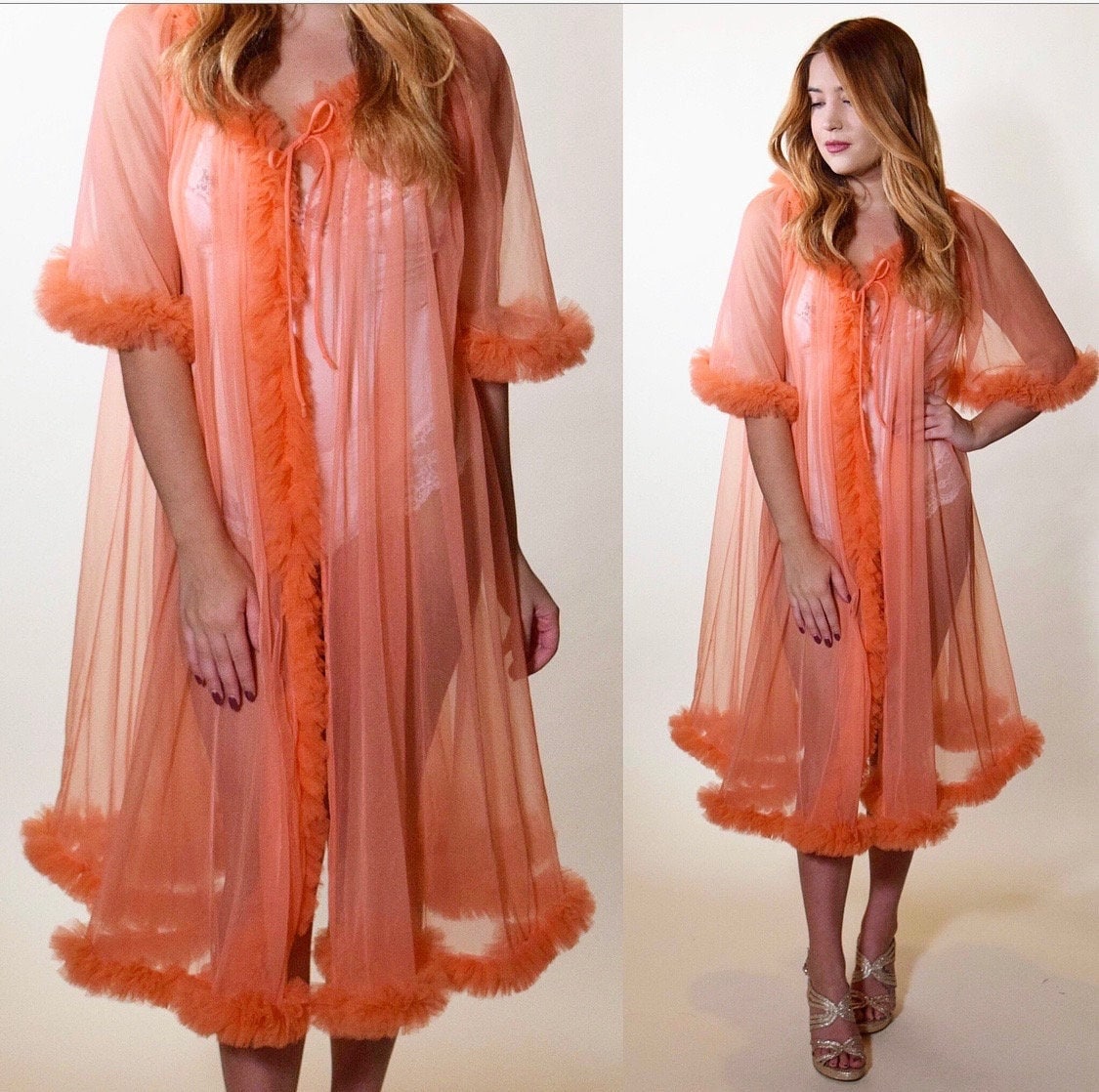 1960s RARE old Hollywood glam peach pink ruffle peignoir sheer robe ...