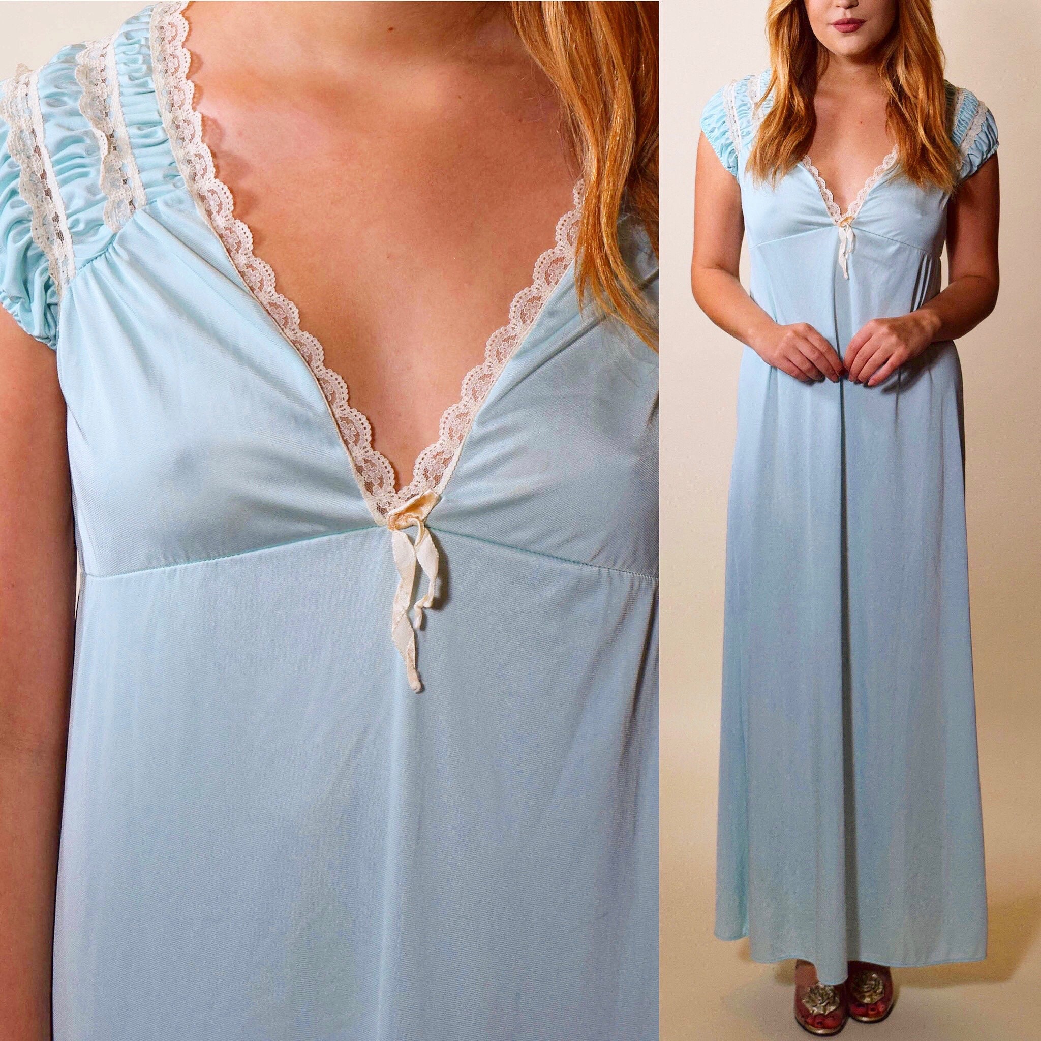 1960s Vintage Light Blue Nylon Nightgown With Lace Detail Womens Size