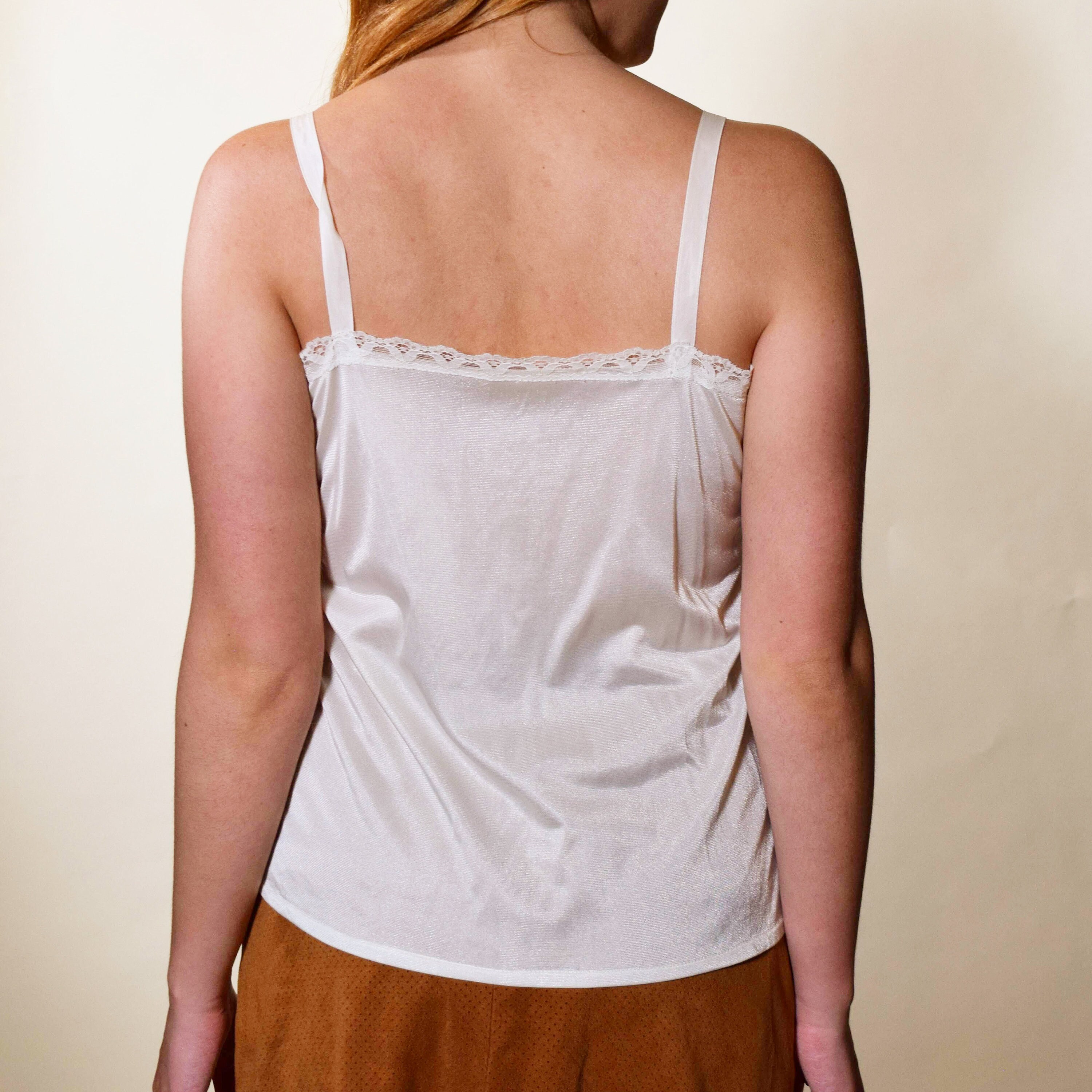 1970s Vintage White Nylon Classic Lace Detail Camisole With Embroidered 1970s Vintage White Nylon Classic Lace Detail Camisole With Embroidered