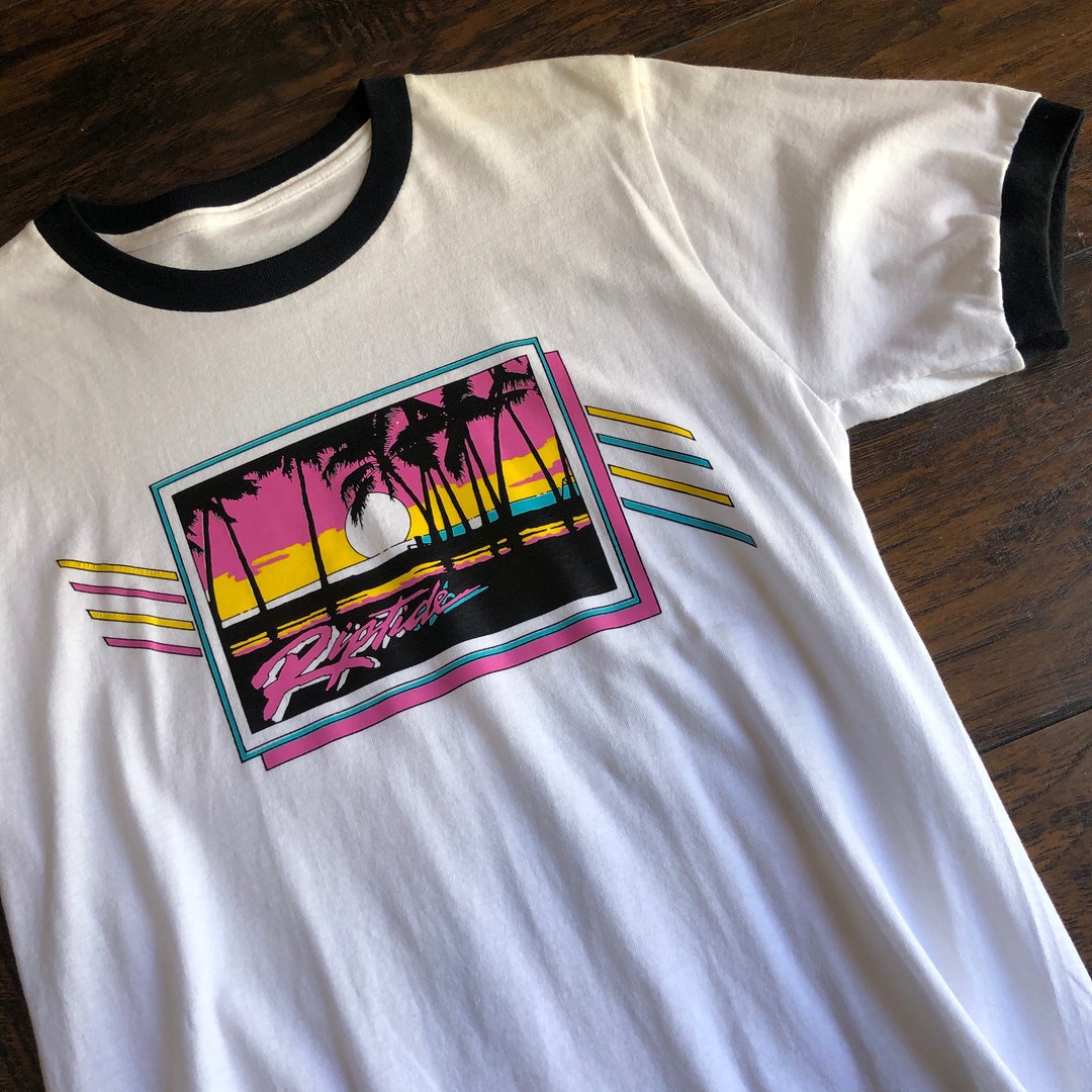 1980s Vintage Riptide Palm Tree Sunset Graphic Baseball Tee Shirt Women ...